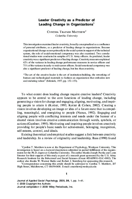 (PDF) Leader Creativity as a Predictor of Leading Change in Organizations
