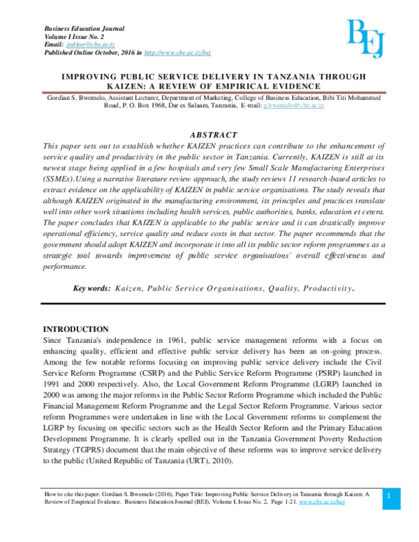 (PDF) Improving Public Service Delivery in Tanzania Through Kaizen: A ...