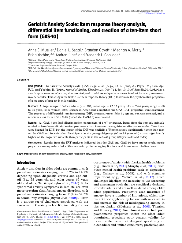 (PDF) Geriatric Anxiety Scale: item response theory analysis ...