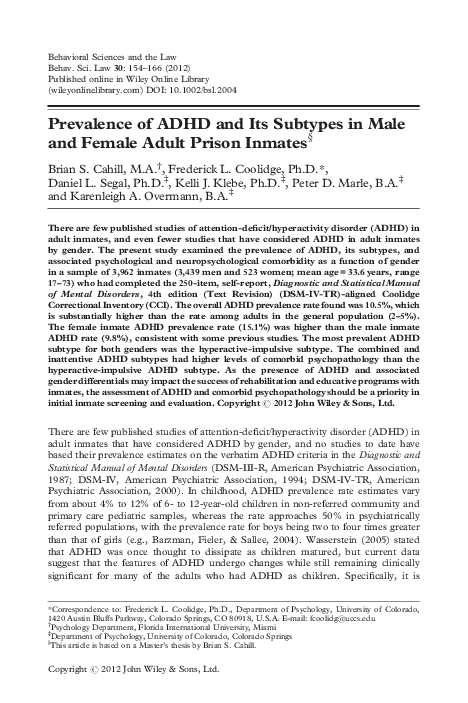 (PDF) Prevalence of ADHD and Its Subtypes in Male and Female Adult ...