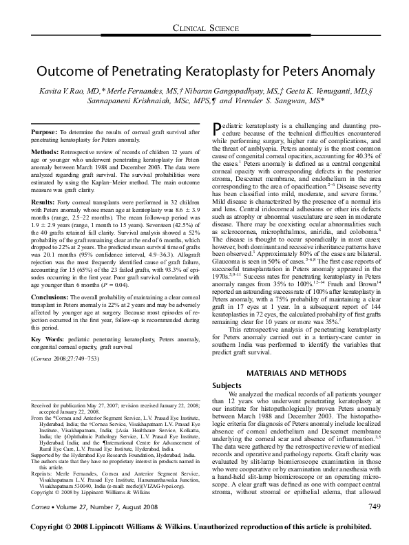 (PDF) Outcome of Penetrating Keratoplasty for Peters Anomaly