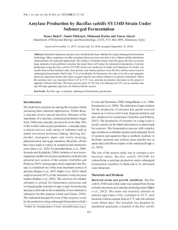 (PDF) Amylase Production by Bacillus subtilis SY134D Strain Under Submerged Fermentation