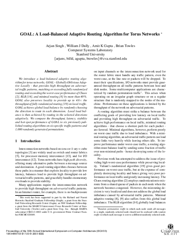 (PDF) GOAL: a load-balanced adaptive routing algorithm for torus networks