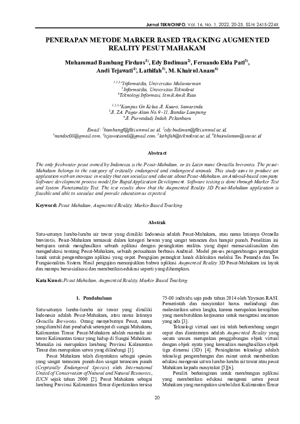 (PDF) Penerapan Metode Marker Based Tracking Augmented Reality Pesut Mahakam