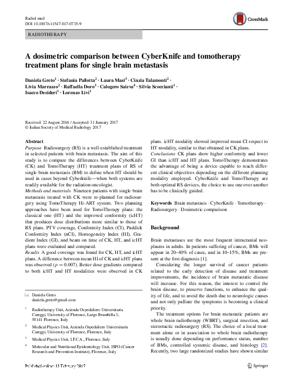 (PDF) A dosimetric comparison between CyberKnife and tomotherapy treatment plans for single ...