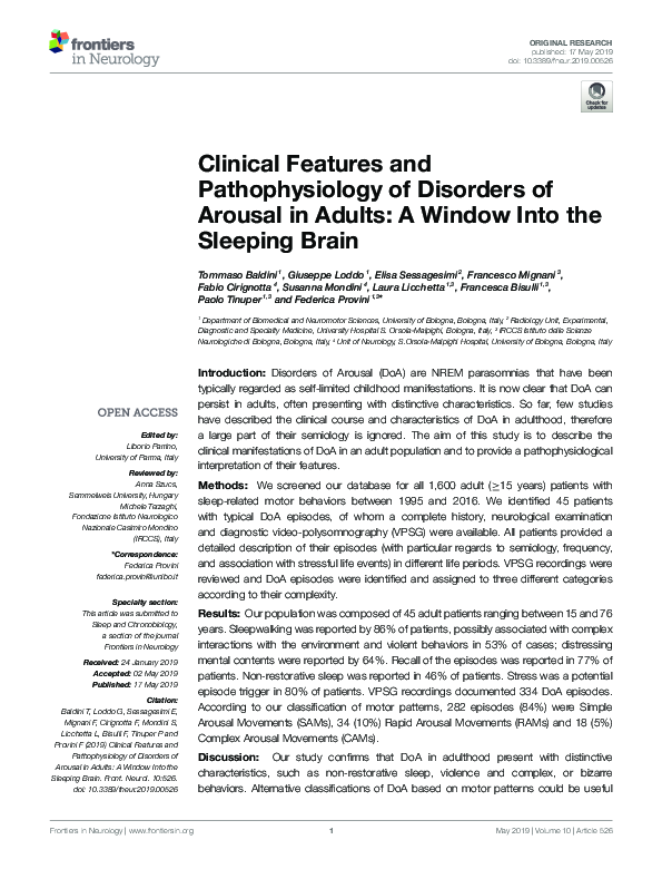 (PDF) Clinical Features and Pathophysiology of Disorders of Arousal in ...