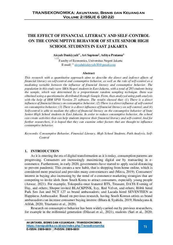 (PDF) The Effect of Financial Literacy and Self-Control on the Consumptive Behavior of State ...