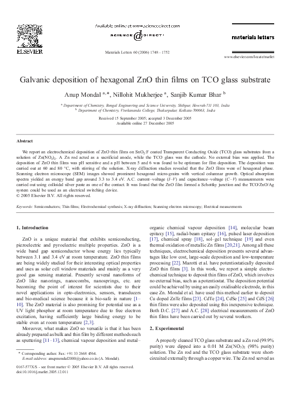 (PDF) Galvanic deposition of hexagonal ZnO thin films on TCO glass ...