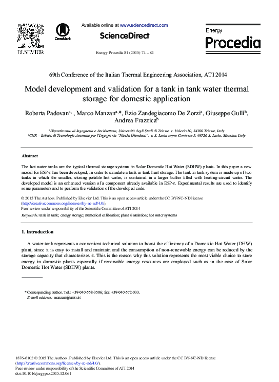 (PDF) Model Development and Validation for a Tank in Tank Water Thermal Storage for Domestic ...