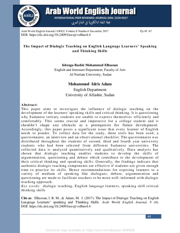 (PDF) The Impact of Dialogic Teaching on English Language Learnerss Speaking and Thinking Skills ...