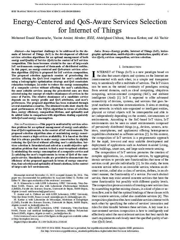(PDF) Energy-Centered and QoS-Aware Services Selection for Internet of Things