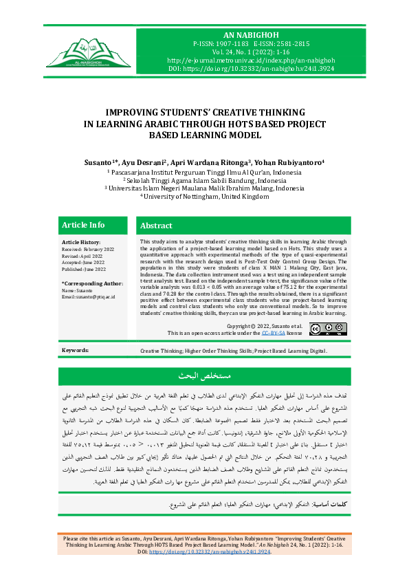(PDF) Improving Students’ Creative Thinking In Learning Arabic Through HOTS Based Project Based ...
