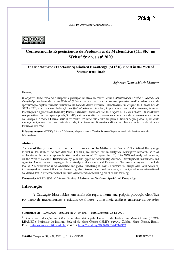 (PDF) Conhecimento Eespecializado de Professores de Matemática (MTSK ...
