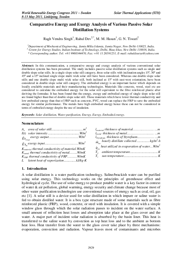 Pdf Comparative Energy And Exergy Analysis Of Various Passive Solar Distillation Systems