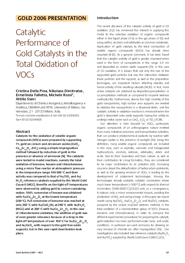 (PDF) Catalytic performance of gold catalysts in the total oxidation of ...