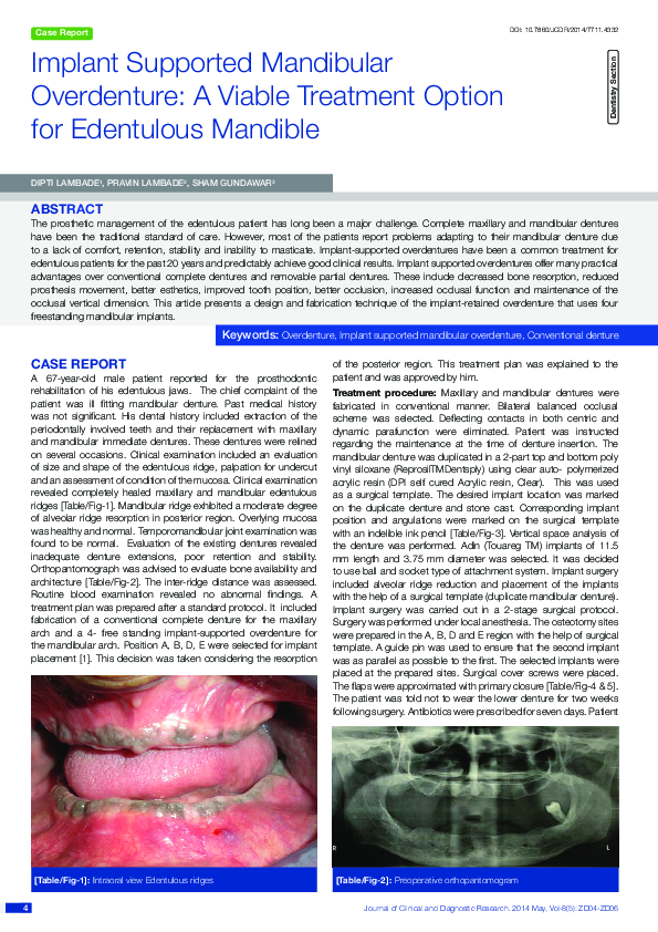 (PDF) Implant Supported Mandibular Overdenture: A Viable Treatment ...