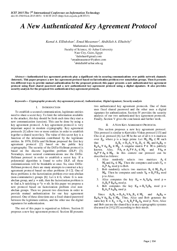 Pdf A New Authenticated Key Agreement Protocol