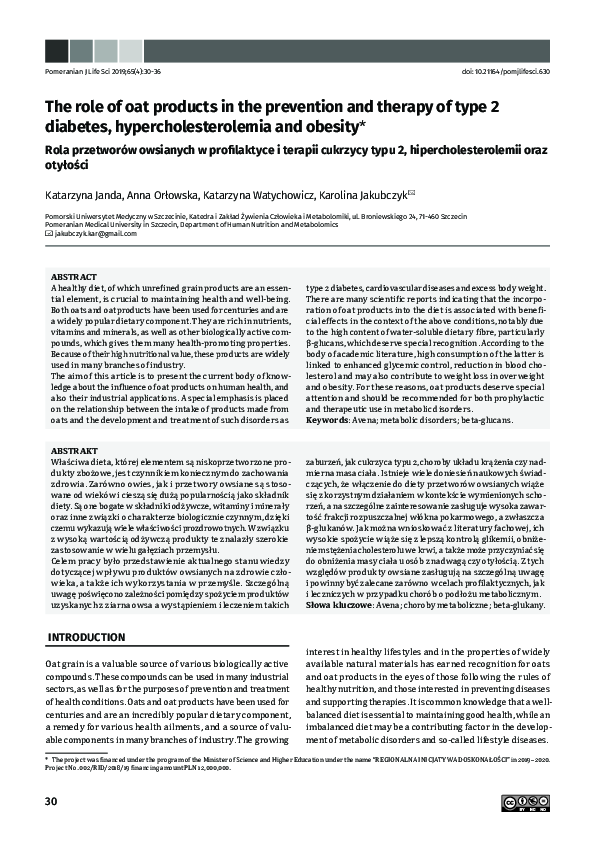 (PDF) The role of oat products in the prevention and therapy of type 2 ...