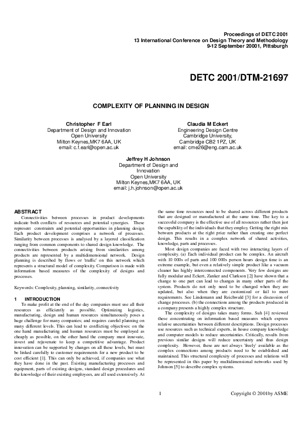 (PDF) Detc 2001/DTM-21697 Complexity of Planning in Design