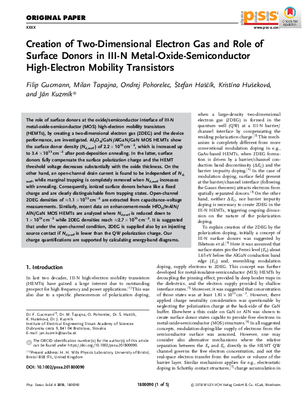(PDF) Creation of Two-Dimensional Electron Gas and Role of Surface Donors in III-N Metal-Oxide ...