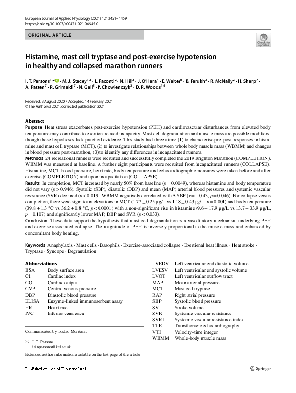 (PDF) Histamine, mast cell tryptase and post-exercise hypotension in ...