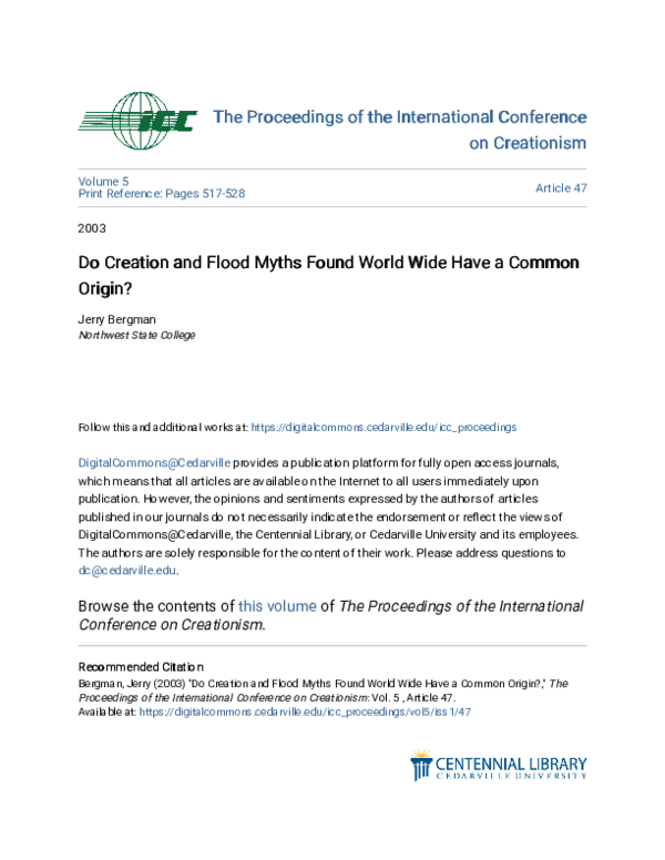 (PDF) Do Creation and Flood Myths Found World Wide Have a Common Origin