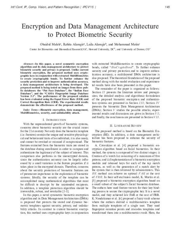 (PDF) Encryption and Data Management Architecture to Protect Biometric Security