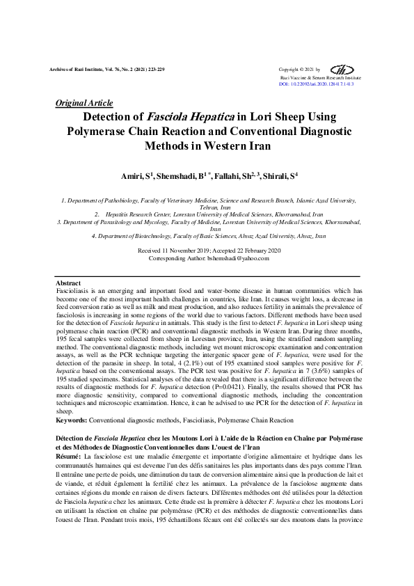 (PDF) Detection of Fasciola Hepatica in Lori Sheep Using Polymerase Chain Reaction and ...