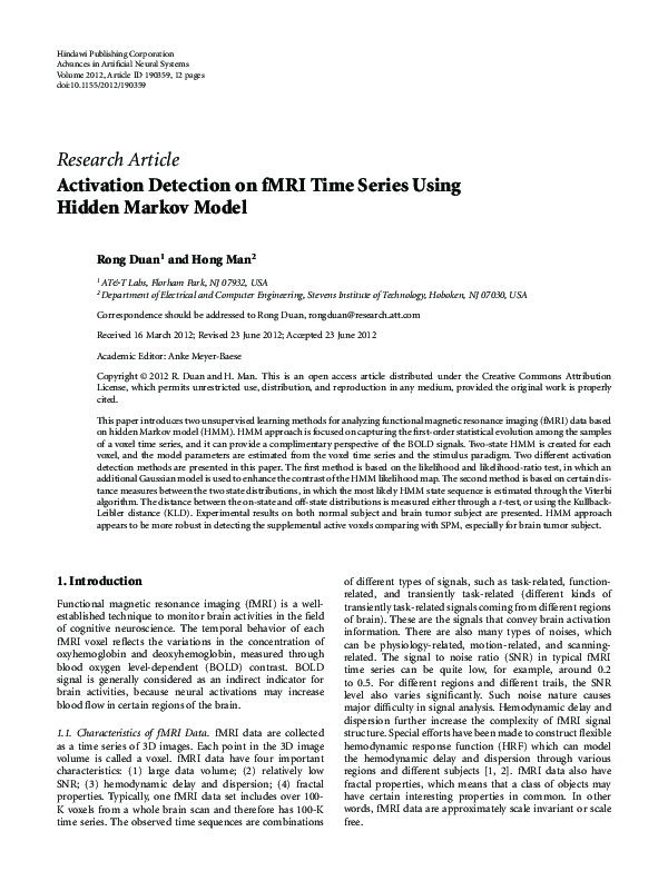 Pdf Activation Detection On Fmri Time Series Using Hidden Markov Model