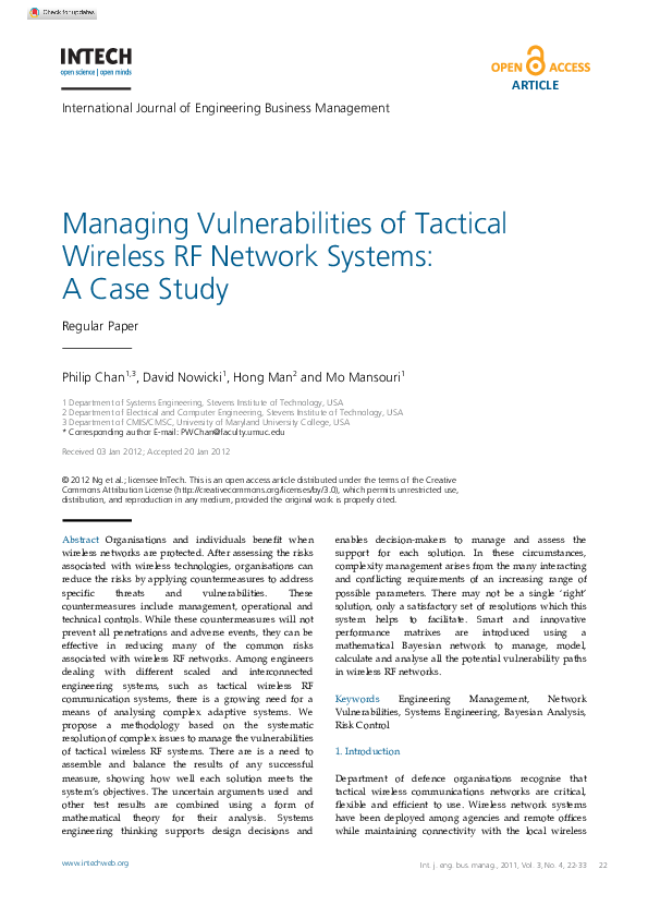 (PDF) Managing Vulnerabilities of Tactical Wireless RF Network Systems: A Case Study