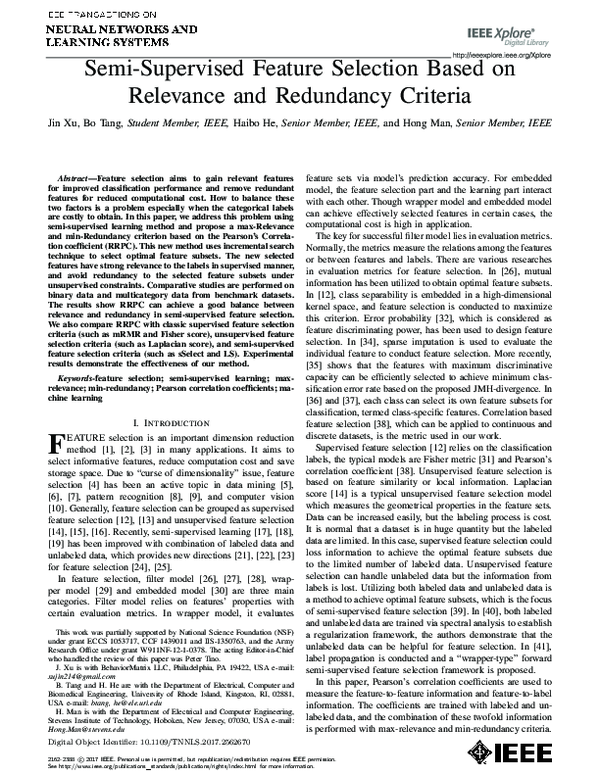 Pdf Semisupervised Feature Selection Based On Relevance And