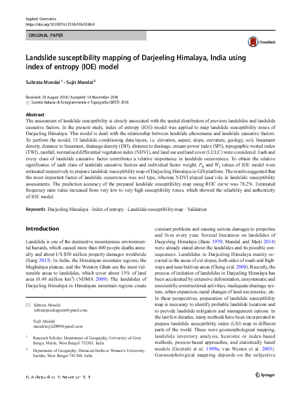(PDF) Landslide susceptibility mapping of Darjeeling Himalaya, India using index of entropy (IOE ...
