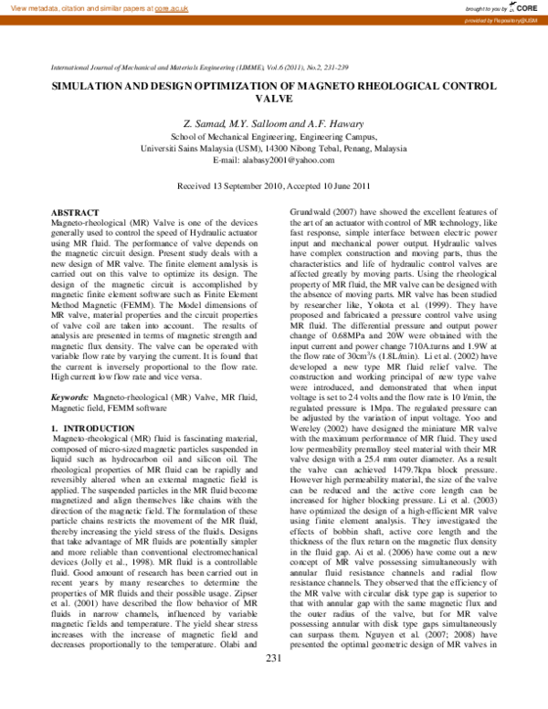 (PDF) Simulation and Design Optimization of Magneto Rheological Control Valve