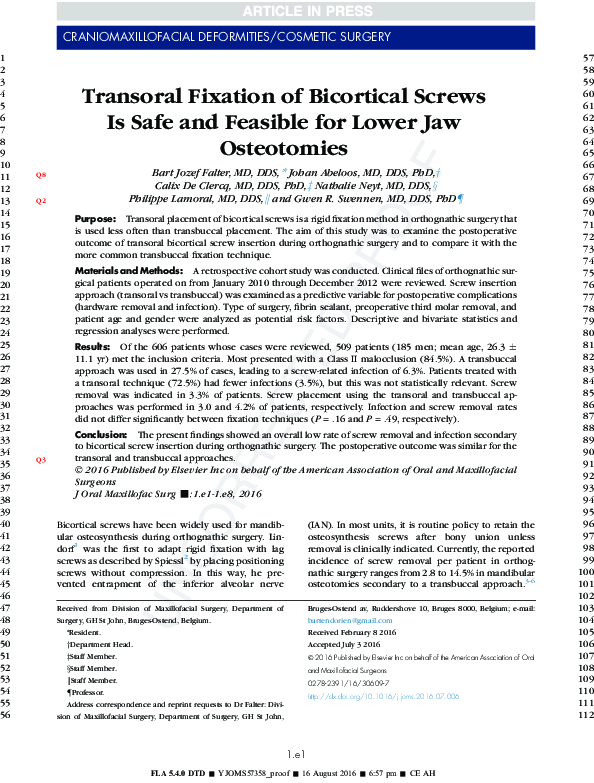(PDF) Transoral Fixation of Bicortical Screws Is Safe and Feasible for ...
