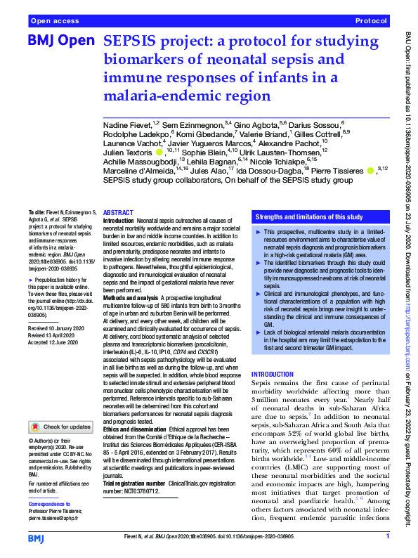 (PDF) SEPSIS project: a protocol for studying biomarkers of neonatal ...