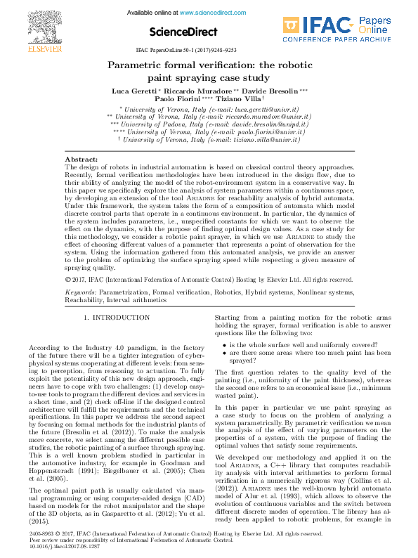 (PDF) Parametric formal verification: the robotic paint spraying case study