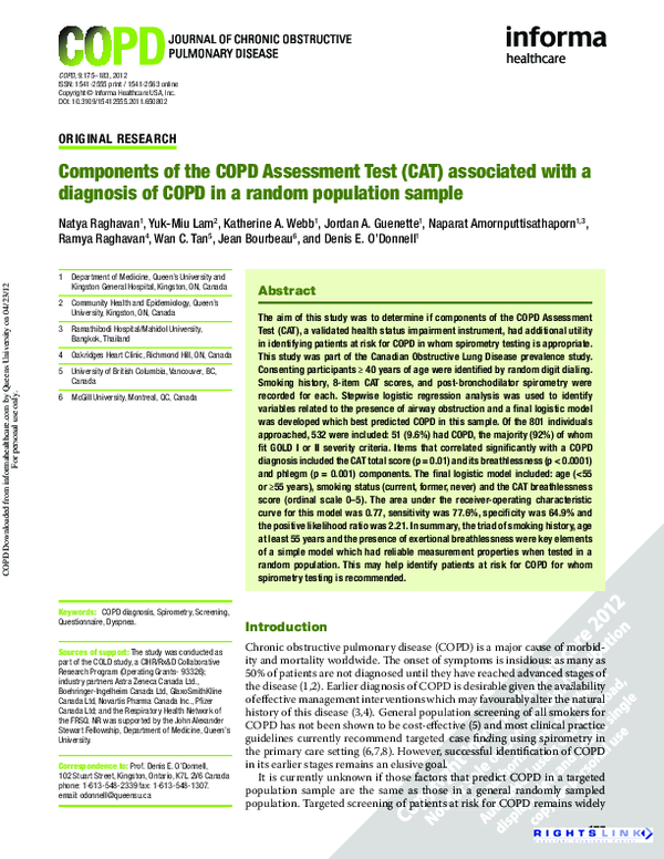 Pdf Components Of The Copd Assessment Test Cat Associated With A Diagnosis Of Copd In A