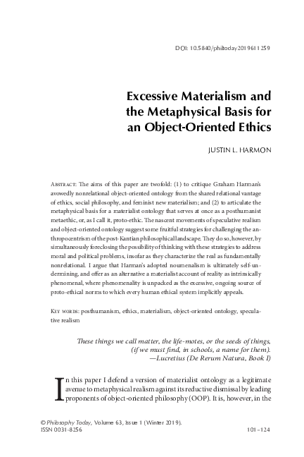 (PDF) Excessive Materialism and the Metaphysical Basis for an Object ...
