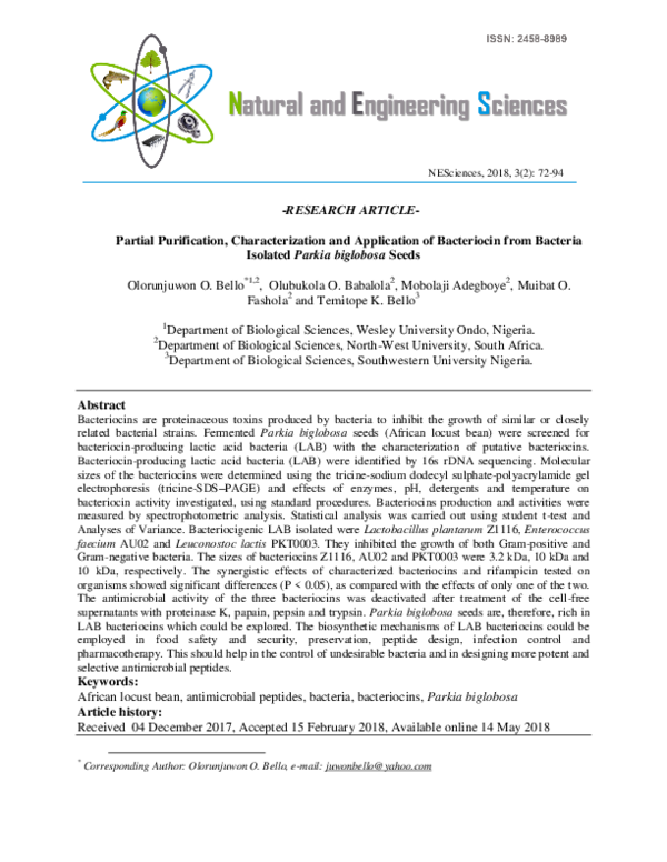(PDF) Partial Purification Characterization and Application of Bacteriocin from Bacteria ...
