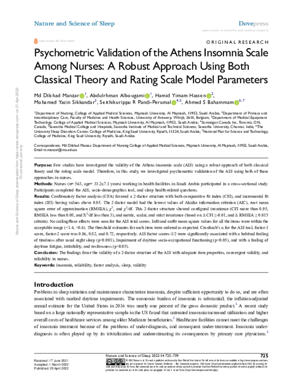 (PDF) Psychometric Validation of the Athens Insomnia Scale Among Nurses ...
