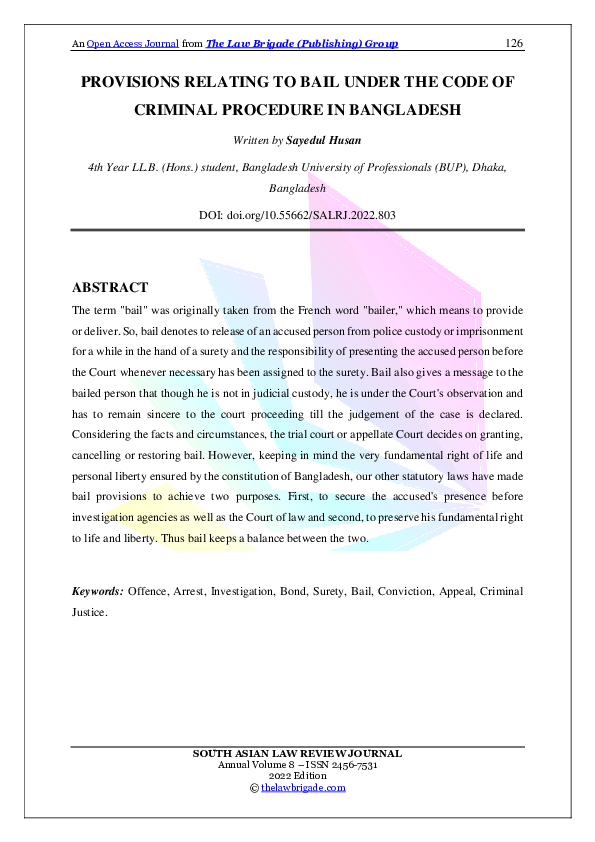 (PDF) PROVISIONS RELATING TO BAIL UNDER THE CODE OF CRIMINAL PROCEDURE IN BANGLADESH