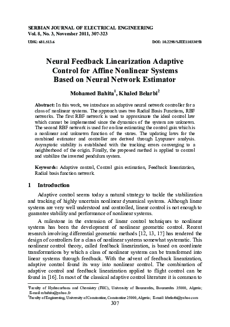 Pdf Neural Feedback Linearization Adaptive Control For Affine Nonlinear Systems Based On