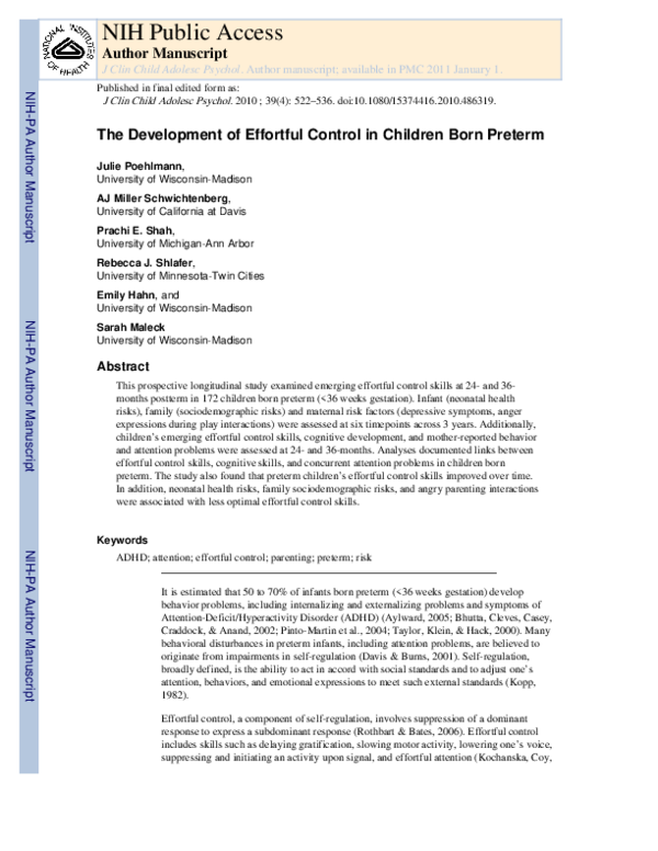 (PDF) The Development of Effortful Control in Children Born Preterm