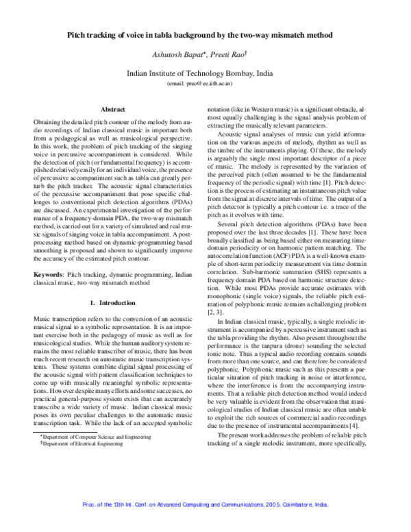 Pdf Pitch Tracking Of Voice In Tabla Background By The Two Way Mismatch Method