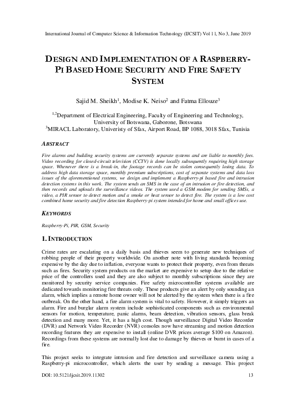 Pdf Design And Implementation Of A Raspberry Pi Based Home Security And Fire Safety System