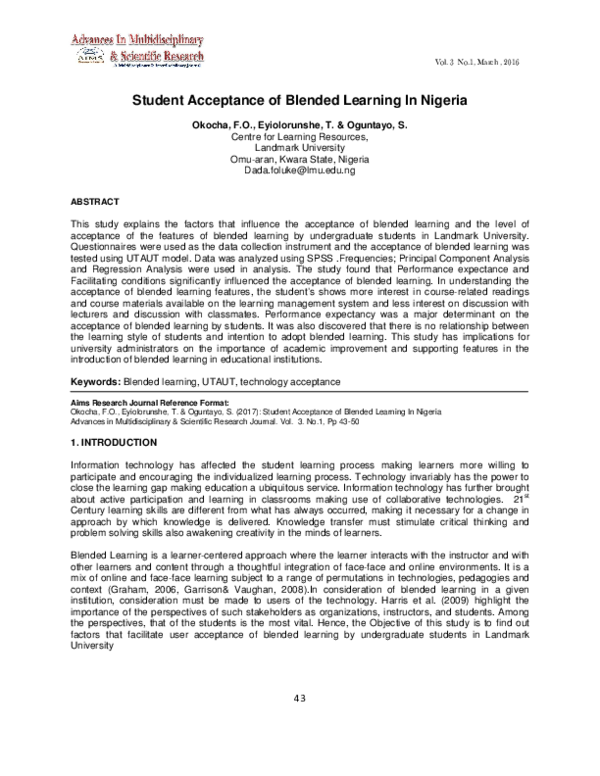 (PDF) Student Acceptance of Blended Learning In Nigeria