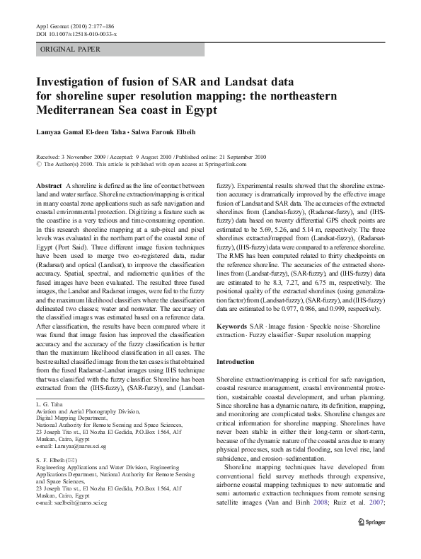 Pdf Investigation Of Fusion Of Sar And Landsat Data For Shoreline