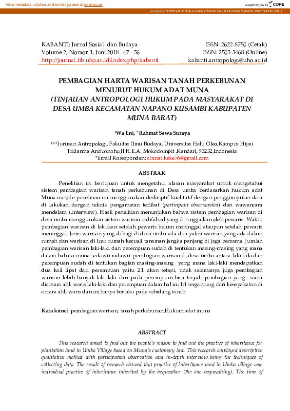 (PDF) Pembagian Harta Warisan Tanah Perkebunan Menurut Hukum Adat Muna