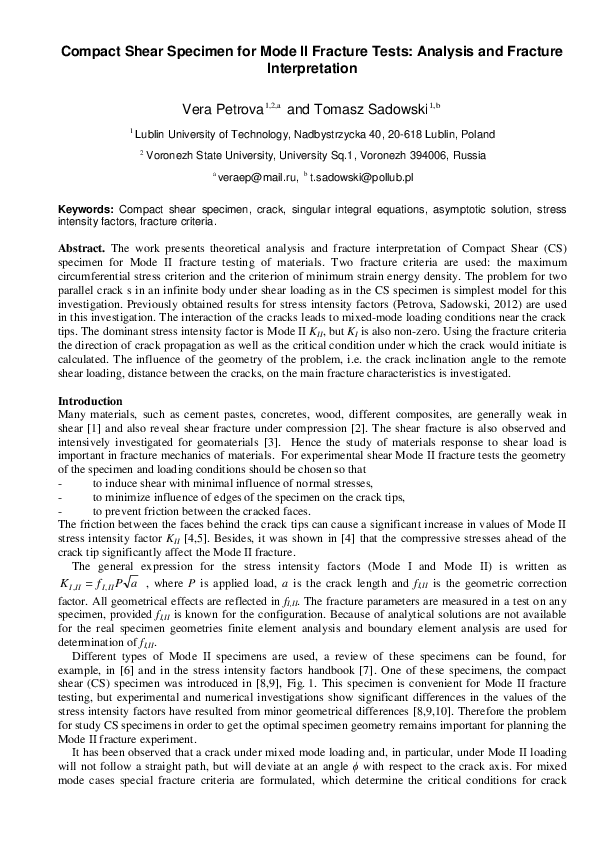 (PDF) Compact shear specimen for mode ii fracture tests: theoretical ...