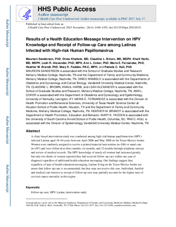 (PDF) Results of a Health Education Message Intervention on HPV ...